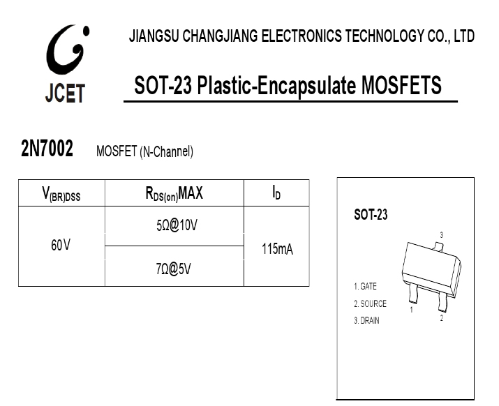 ::.2N7002 MMBT7002 12W N-Mosfet 0.13A 40V SOT-23 chính hãng JCET.::